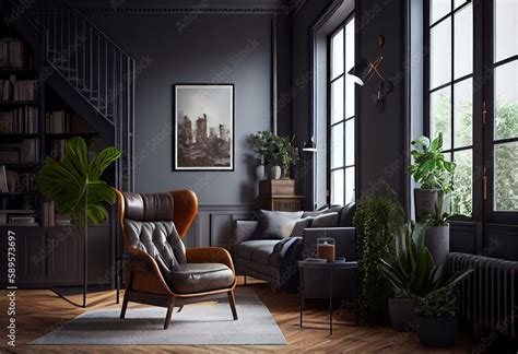 Style Loft Interior With Gray Armchair And Dark Walls High Resolution