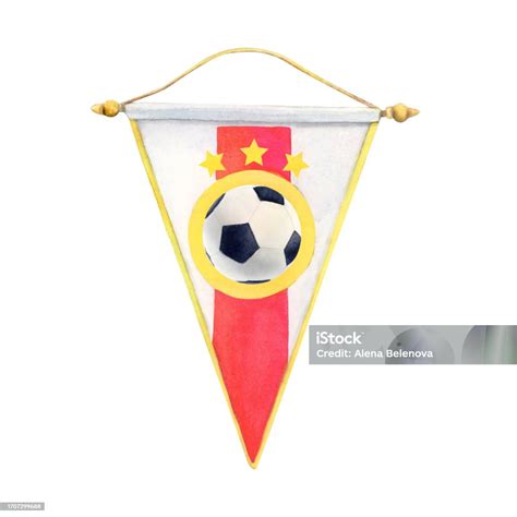 공을 흑백과 노란색 별이 있는 축구 페넌트의 수채화 그림 흰색 배경에 빨간색과 흰색 깃발 선이 그려져 있습니다 축구 팬을 위한
