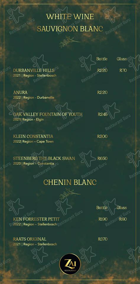 Menu At Zai Restaurant Durban Durban