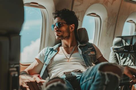 Premium Photo A Man In Ripped Jeans And Sunglasses Sitting In An Airplane