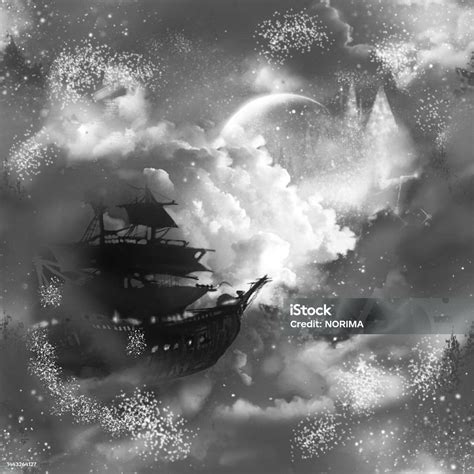 달빛이 비치는 밤하늘에 표류하는 유럽의 판타지 스타일의 성과 해적선 실루엣의 정사각형 크기의 매끄러운 패턴 흑백 그림 피터팬에