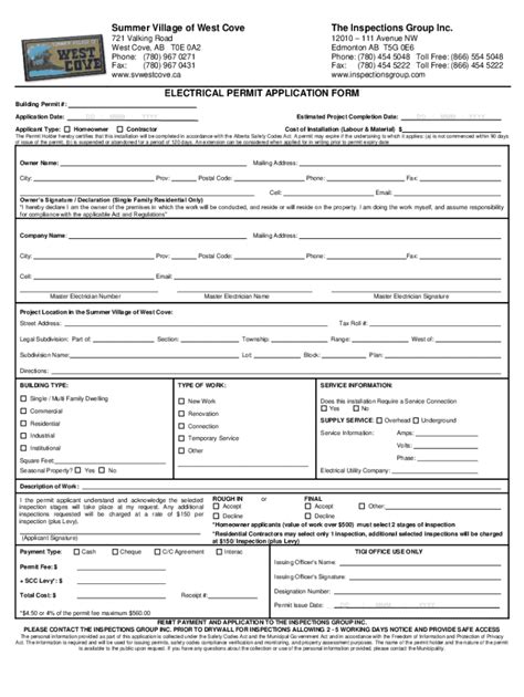 Fillable Online Electrical Permit Application Summer Village Of West