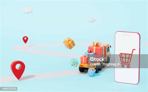 선물과 휴대 전화로 가득 찬 배달 자동차와 청록색 배경의 쇼핑 카트 아이콘 3d 렌더링 인터넷에 대한 스톡 사진 및 기타 이미지