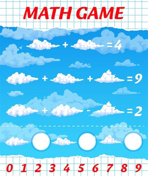 Planilha de jogo de matemática cartoon nuvens brancas fofas Vetor Premium
