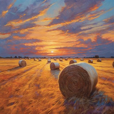 Premium AI Image | Arafed image of a field with hay bales and a sunset AI Generative