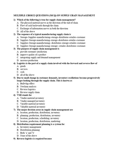 Multiple Choice Questions Scm Pdf Supply Chain Supply Chain