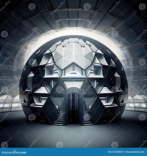 Huge Metallic Dome With Projection In Future Sci Fi Futuristic Interior Stock Illustration
