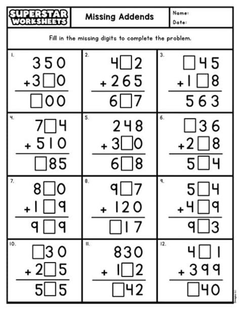 missing addend worksheets superstar worksheets