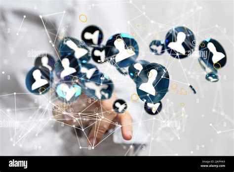 a 3d rendering of human icons with hand tapping on it from behind