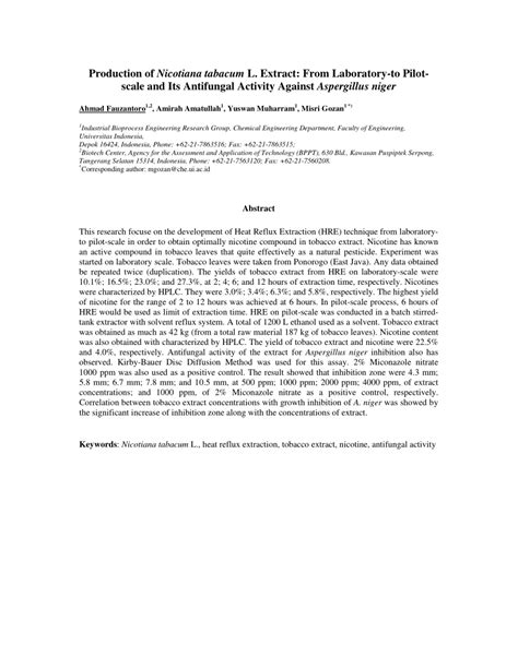 Pdf Production Of Nicotiana Tabacum L Extract From Laboratory To