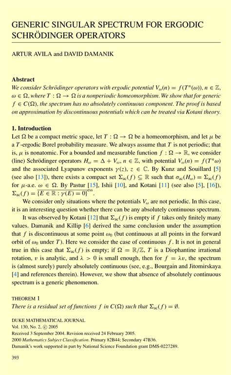 Pdf Generic Singular Spectrum For Ergodic Schrödinger Operators