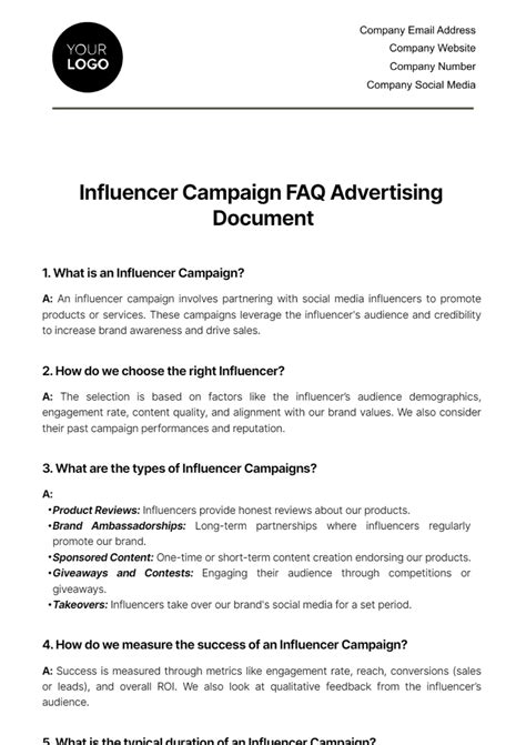Free Influencer Campaign Faq Advertising Document Template To Edit Online