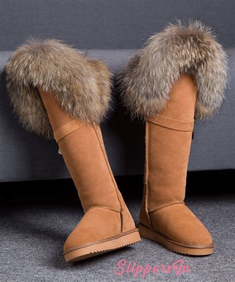 Chic Womens Tall Fur Boots Suede Winter Flat Knee High Boots Fur