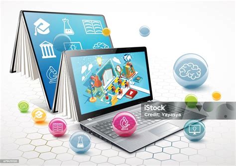 책으로 노트북입니다 학습의 개념입니다 온라인 교육입니다 벡터 일러스트 레이 션 전자 학습에 대한 스톡 벡터 아트 및 기타 이미지 전자 학습 3차원 형태 교육 Istock