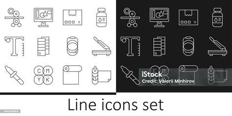 종이 롤 종이 커터 판지 판지 상자 Pantone 텍스트 롤 인쇄기 페인트 통 및 컴퓨터 모니터 화면 아이콘을 설정합니다 벡터 건강 진단에 대한 스톡 벡터 아트 및 기타