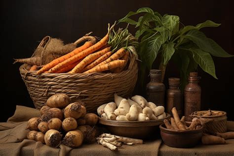 Premium Ai Image A Bountiful Harvest Of Cassava Roots A Rustic Scene