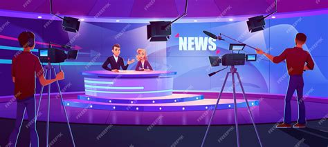 Tv 발표자는 카메라맨 조명 장비 지구가 있는 현대적인 텔레비전 스튜디오에서 거대한 파노라마 화면에 뉴스를 방송합니다