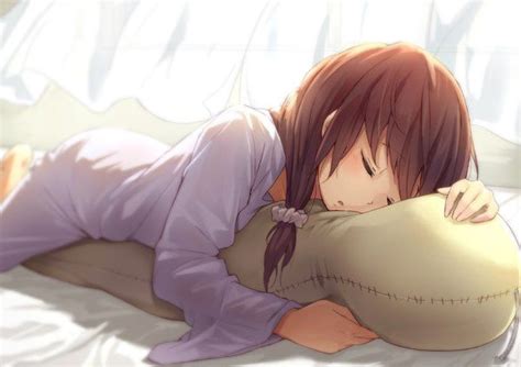 Anime Girl With Brown Hair Sleeping In A Bed
