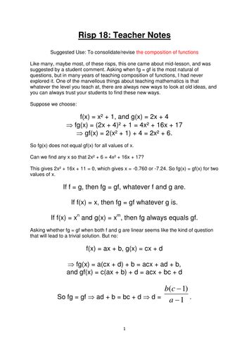 The Composition Of Functions Fg Gf Teaching Resources