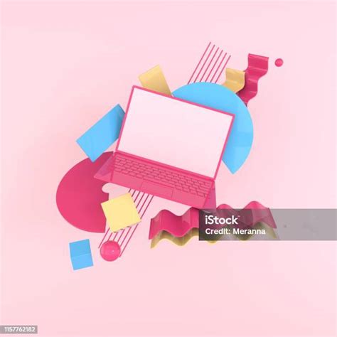 노트북 및 다른 기하학적 개체 는 현대적인 최소한의 스타일의 배경 을 조롱 노트북 3d는 파스텔 색상의 렌더링입니다 기술 가젯 개념 입체 이미지에 대한 스톡 사진 및 기타