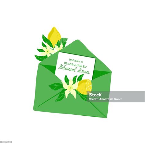 잘 익은 노란 레몬과 꽃으로 장식된 공개 편지 초대장 손으로 그린 리허설 저녁 식사에 오신 것을 환영합니다 파티 초대장 휴일 배너 인사말 카드 벡터 만화 일러스트레이션 잎에