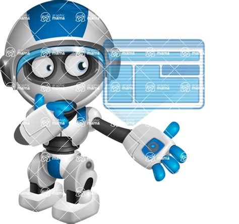 Blue Robot Cartoon Character Presenting Multimedia On A Hologram