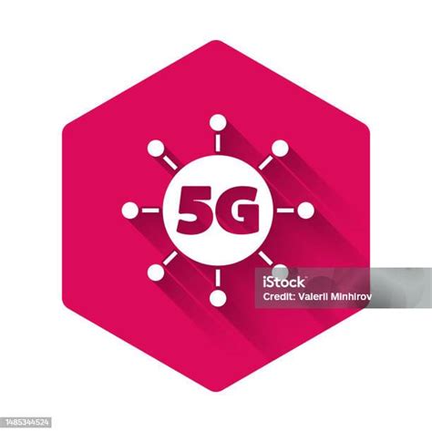긴 그림자로 격리 된 흰색 5g 새로운 무선 인터넷 와이파이 연결 아이콘 글로벌 네트워크 고속 연결 데이터 속도 기술 핑크 육각형 버튼 벡터 5g에 대한 스톡 벡터 아트 및