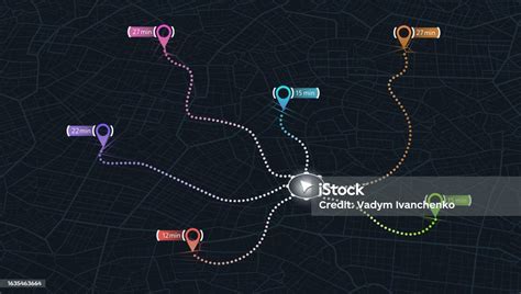 Gps 핀 거리 도로가 있는 등각 투영 지도 도시 위치 시스템이 있는 여러 목적지 벡터 검정 배경 정보 포인터 표지판 화살표가