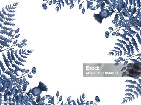 모노크롬 블루 고사리 Leves 및 빨간 열매가 흰색 배경에 분리된 수채화 그림 프레임입니다 허브와 배너입니다 손으로 그린 클립