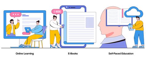 온라인 학습 전자책 캐릭터가 있는 자기 주도 교육 개념 디지털 지식 추상 벡터 일러스트레이션 세트 지속적인 학습 개인적 성장