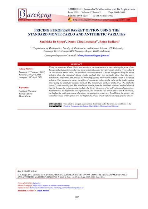 Pdf Pricing European Basket Option Using The Standard Monte Carlo And Antithetic Variates