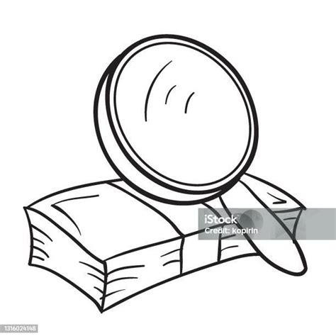 ร่าง แว่นขยายอยู่บนธนบัตร สมุดระบายสี ภาพประกอบการ์ตูน วัตถุที่แยกบนพื้นหลังสีขาว เวกเต