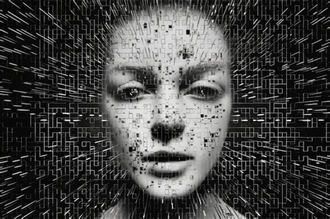 미래 배경 Generative Ai의 디지털 여성 얼굴 홀로그램 프리미엄 사진
