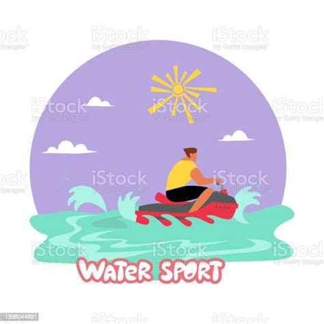 물 위의 스포츠 한 남자가 바다 바다에서 제트 스키를 타고 태양이 빛나고 물 위에 파도가 있습니다 벡터 플랫 일러스트 레이 션 강에 대한 스톡 벡터 아트 및 기타 이미지