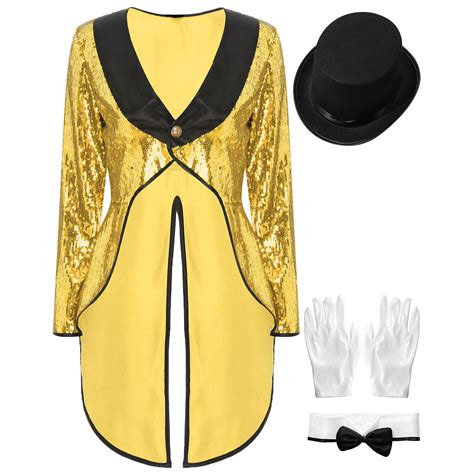 Womens Magician Costume Set Sequin Magician Tailcoat Hat Dress Up