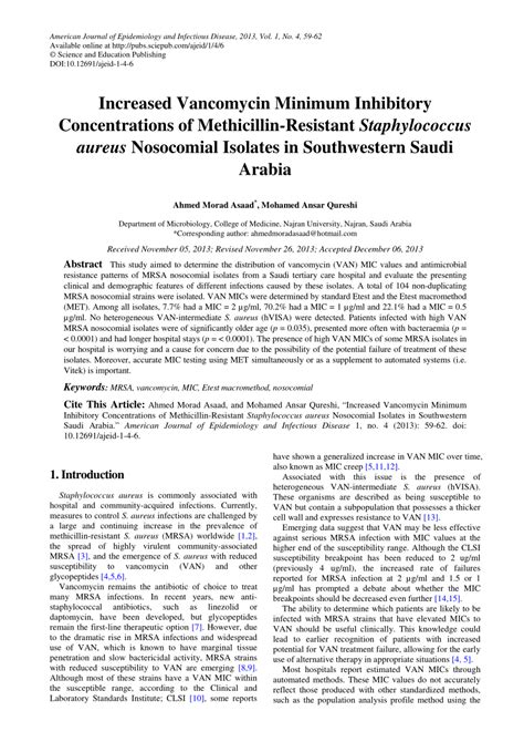 Pdf Increased Vancomycin Minimum Inhibitory Concentrations Of Methicillin Resistant