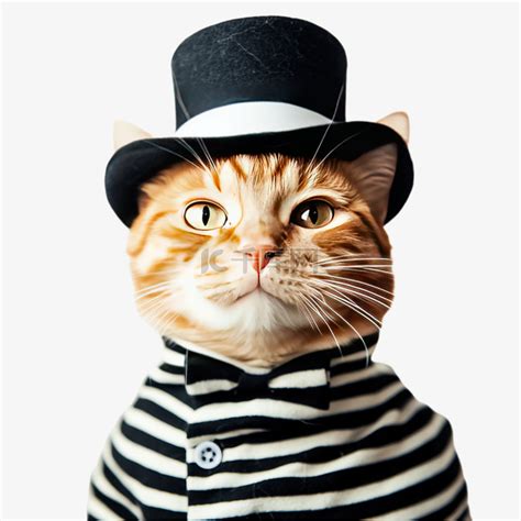 穿条纹衬衫和戴高顶礼帽的时尚猫素材图片免费下载 千库网