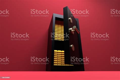 빨간색 배경에 금괴가 안쪽으로 열려있는 강철 금고 돈의 안전 귀중품 개념 3d 렌더링 1위에 대한 스톡 사진 및 기타 이미지