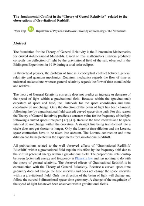 Pdf The Fundamental Conflict In The Theory Of Geneal Relativity Related To The Observations