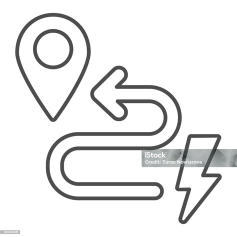 Ev 충전소씬 라인 아이콘 전기 자동차 개념 흰색 배경에지도 기호에 충전 지오 태그 윤곽 스타일의 번개 아이콘과 위치 핀에 경로