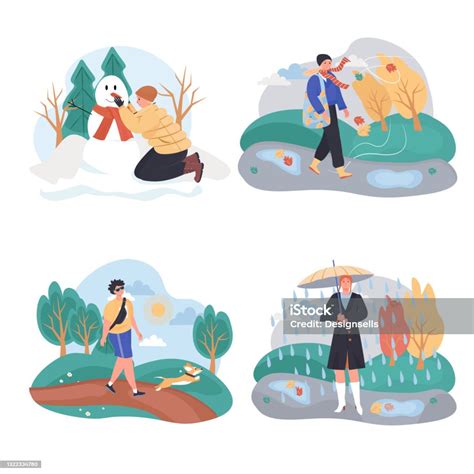 다른 기상 조건 개념 장면 세트 겨울 가을 여름 봄에 밖으로 걷는 남자와 여자 사람들의 활동 수집 플랫 디자인의 문자벡터