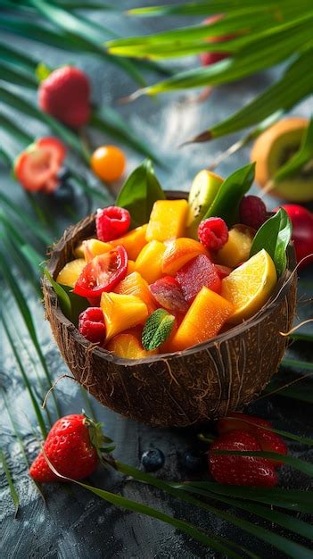 Premium Photo Tropical Fruit Salad In A Coconut