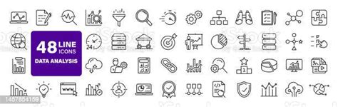 선 스타일의 웹 아이콘의 데이터 분석 집합입니다 웹 및 모바일 앱에 대한 데이터 분석 아이콘입니다 그래프 트래픽 분석 데이터 처리 연구 네트워크 수집 통계 분석 성능 금융에