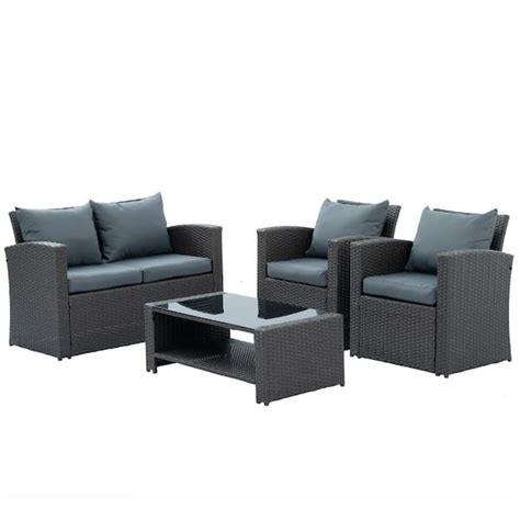 Tenleaf 4 Piece Wicker Patio Conversation Set With Dark Gray Cushions
