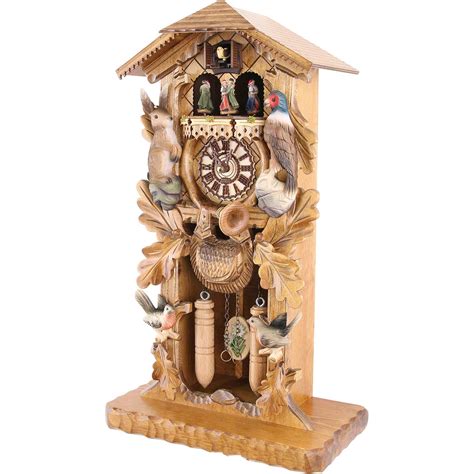 Carved Battery Powered Musical Table Cuckoo Clock With Birds And Hare