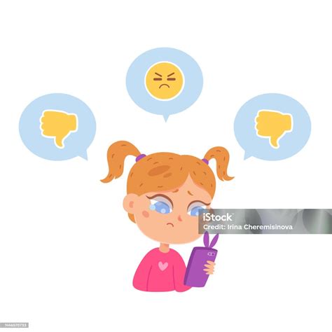 아이의 사이버 괴롭힘 전화를 들고 슬픈 우는 소녀 소셜 미디어에서 조롱을 보고 벡터에 대한 스톡 벡터 아트 및 기타 이미지