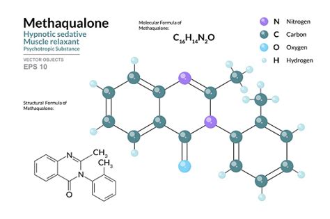 메타쿠알론 분자의 구조적 화학식 및 3d 모델 C16h14n2o 색상 코딩이 있는 원자 벡터 그래픽 Illustration For Educational Materials