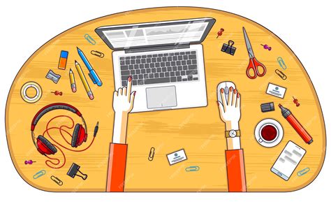 사무실 직원 또는 기업가 업무용 책상 작업장에는 손과 Pc 노트북 업무용 다양한 문구류 위쪽 전망이 있습니다 모든 요소는