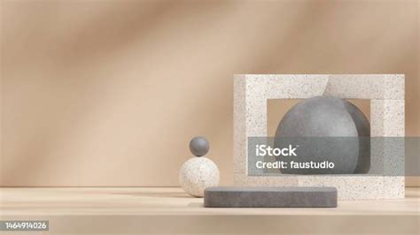콘크리트와 테라조 질감의 최소 장면 연단과 구 3d 렌더링 모형 풍경 형판에 대한 스톡 사진 및 기타 이미지 형판 블록 위치 선정 Istock