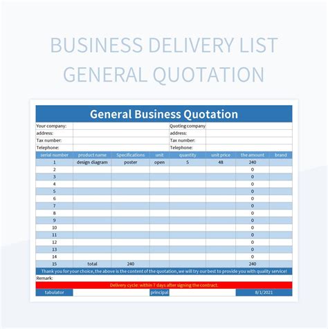 Business Delivery List General Quotation Excel Template And Google